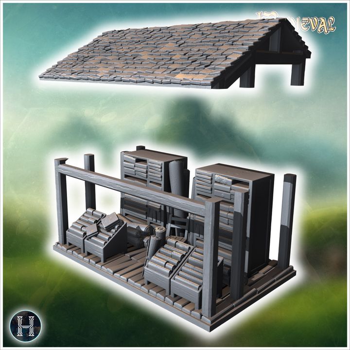 3D Printable Small wooden shack with crates containing rolled parchment ...