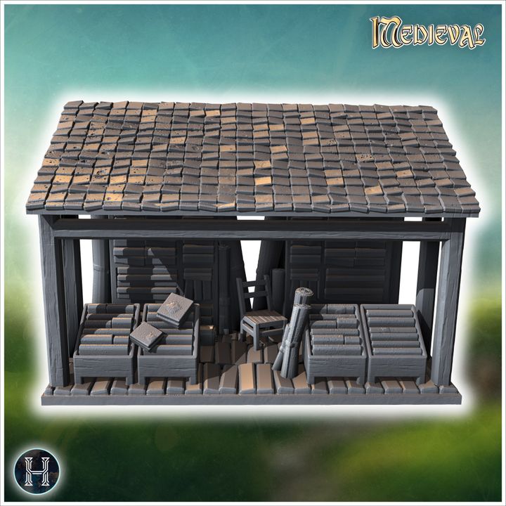 3D Printable Small wooden shack with crates containing rolled parchment ...