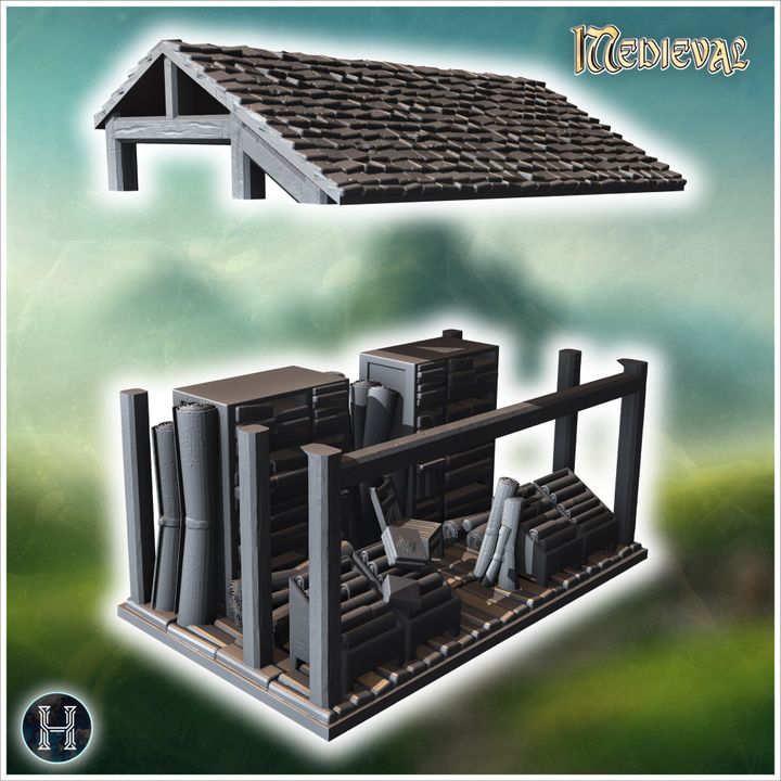3D Printable Small wooden shack with crates containing rolled parchment ...