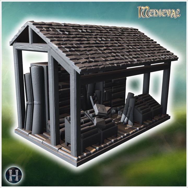 3D Printable Small wooden shack with crates containing rolled parchment ...