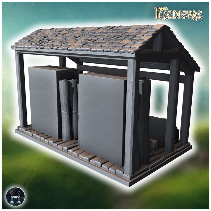 3D Printable Small wooden shack with crates containing rolled parchment ...