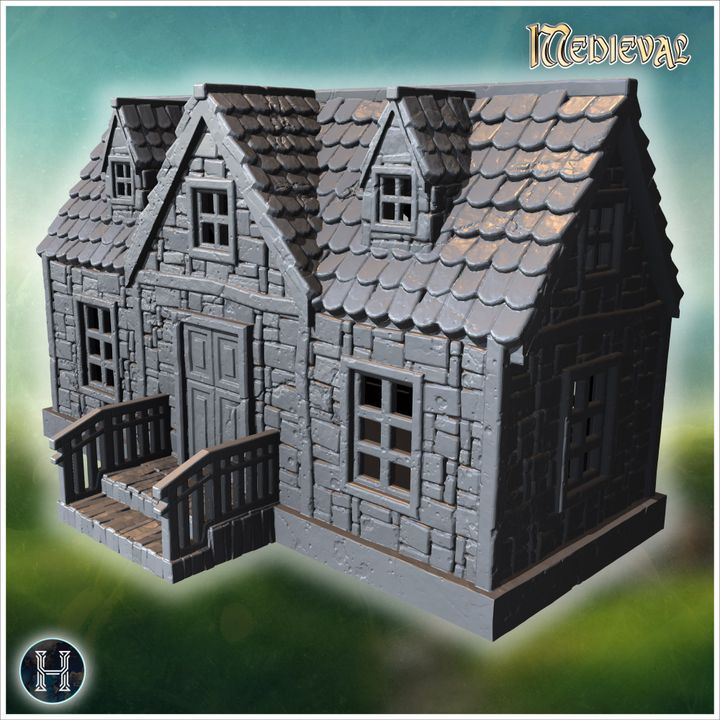 3D Printable Small rural house with stone base, sloped roof, and front ...
