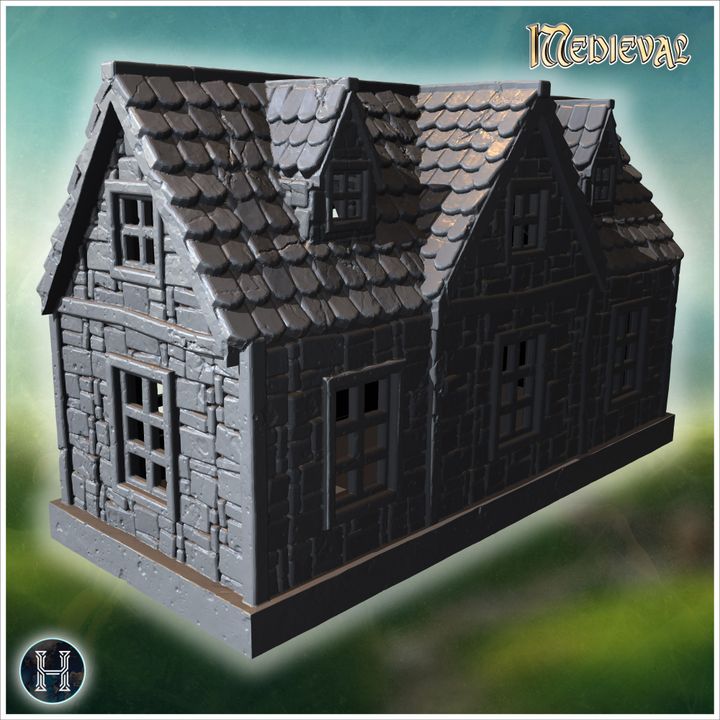 3D Printable Small rural house with stone base, sloped roof, and front ...
