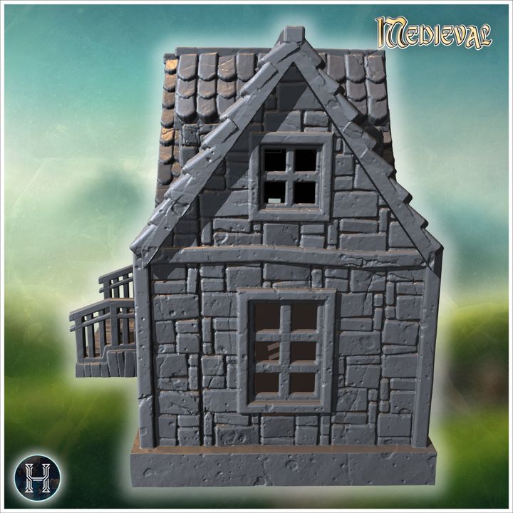 3D Printable Small rural house with stone base, sloped roof, and front ...