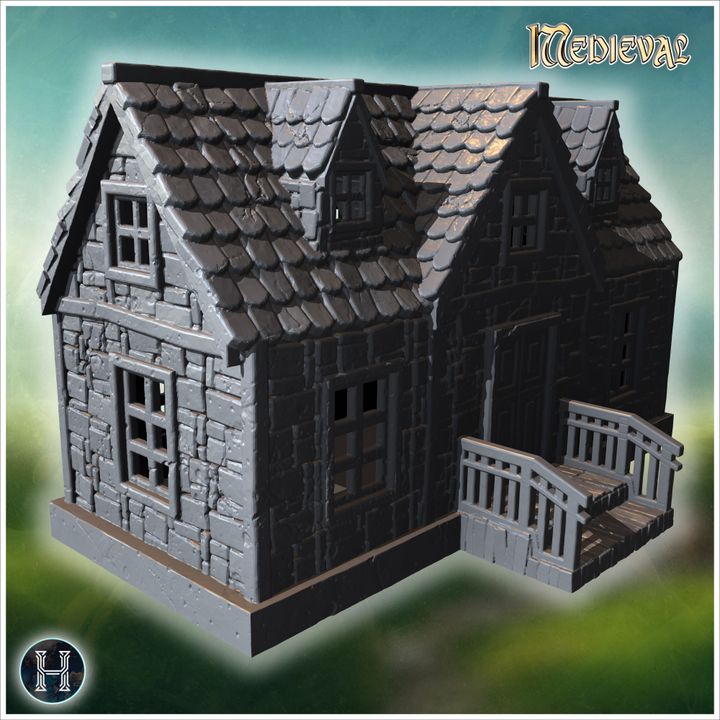 3D Printable Small rural house with stone base, sloped roof, and front ...
