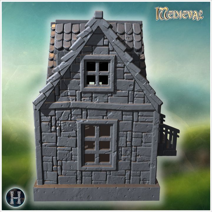 3D Printable Small rural house with stone base, sloped roof, and front ...