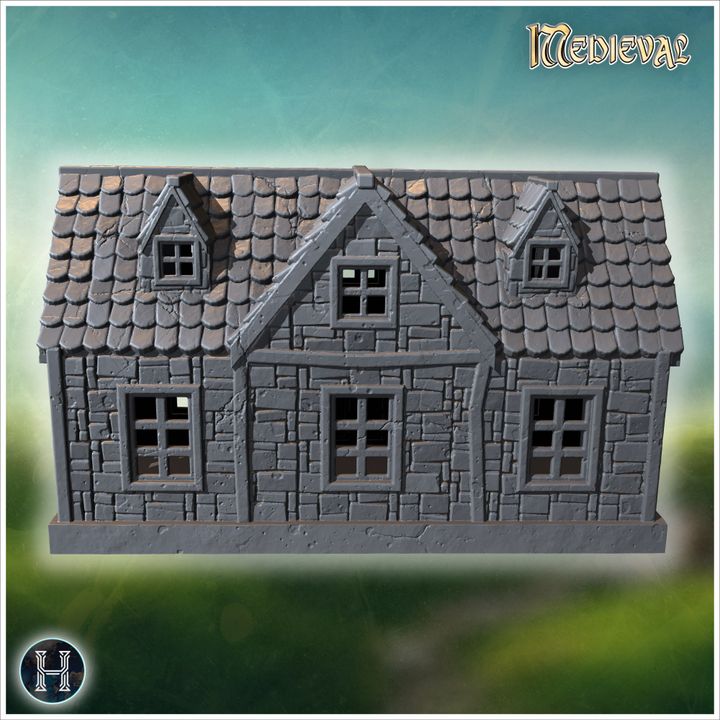 3D Printable Small rural house with stone base, sloped roof, and front ...