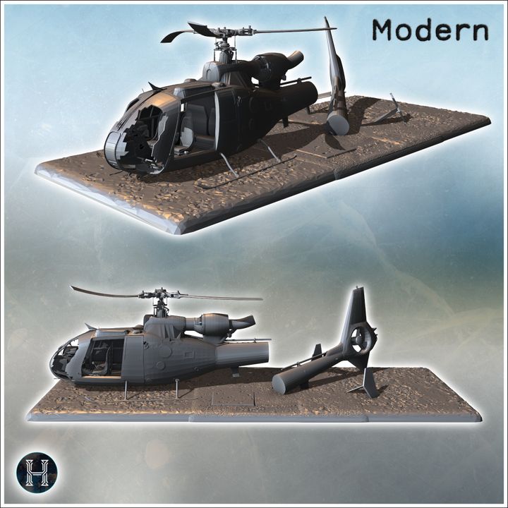 3D Printable Helicopter with damaged rotor and missing panels placed on ...