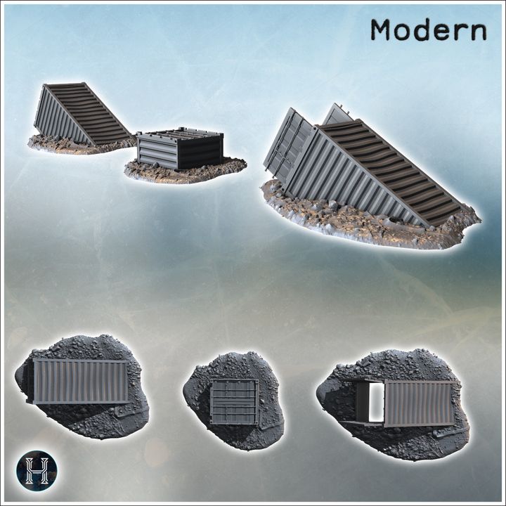 3D Printable Fallen shipping containers lying on rocky ground ...