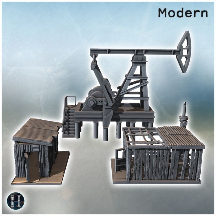 3D Printable Oil rig with wooden structures, pipes, and mechanical ...
