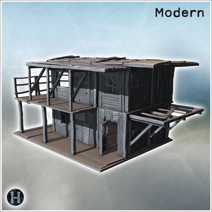 3D Printable Two-story wooden shack with open balcony, corrugated metal ...
