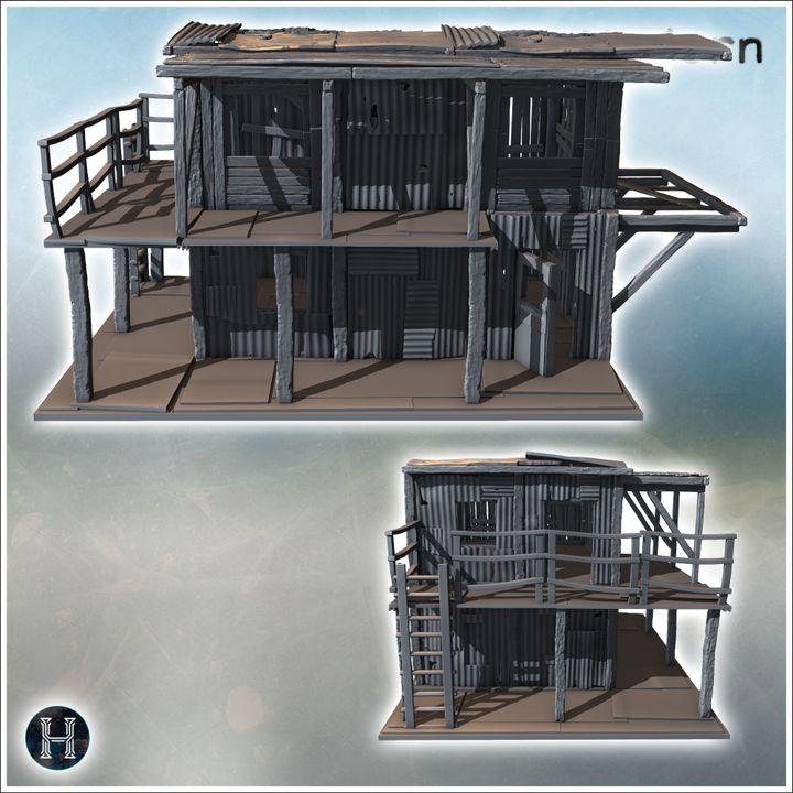 3D Printable Two-story wooden shack with open balcony, corrugated metal ...