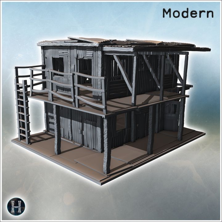 3D Printable Two-story wooden shack with open balcony, corrugated metal ...