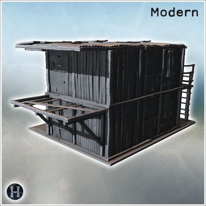 3D Printable Two-story wooden shack with open balcony, corrugated metal ...