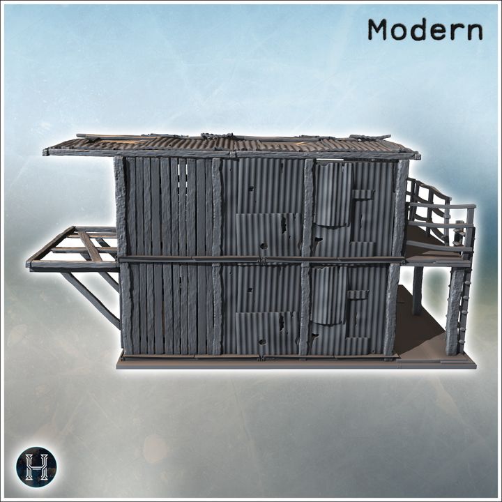 3D Printable Two-story wooden shack with open balcony, corrugated metal ...