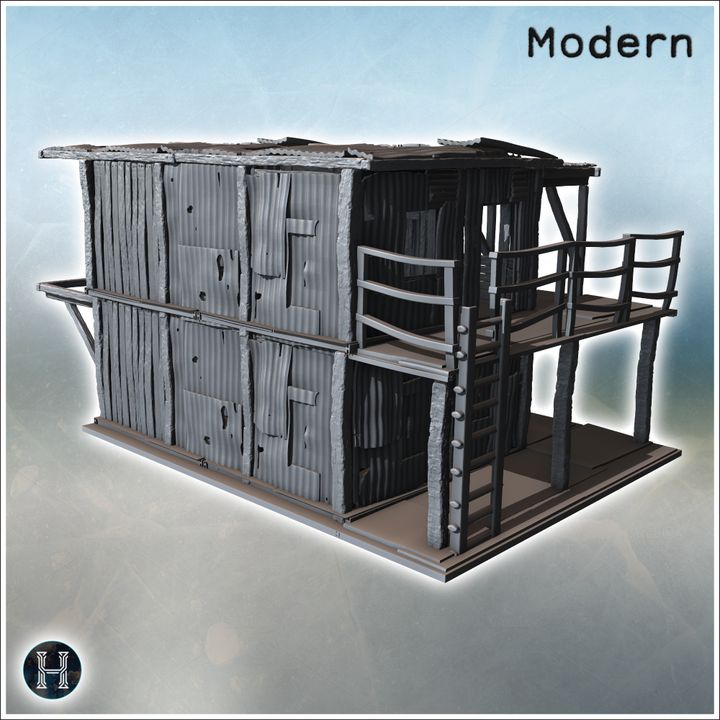 3D Printable Two-story wooden shack with open balcony, corrugated metal ...
