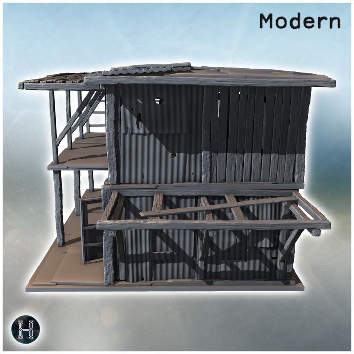 3D Printable Two-story wooden shack with open balcony, corrugated metal ...