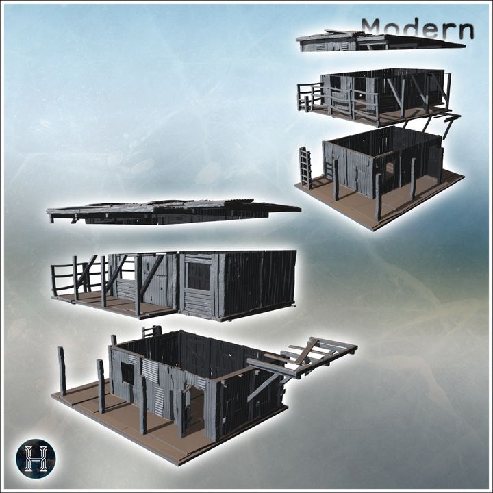 3D Printable Two-story wooden shack with open balcony, corrugated metal ...