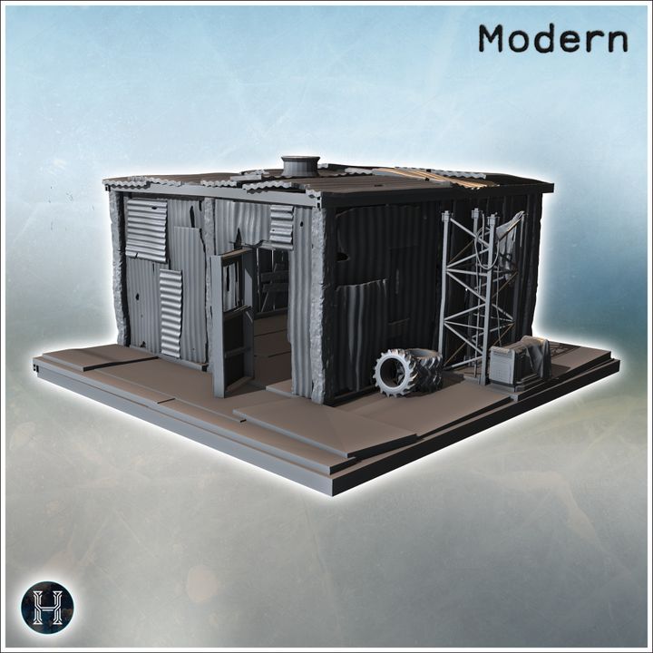 3D Printable Small metallic shack with corrugated walls, exposed beams ...