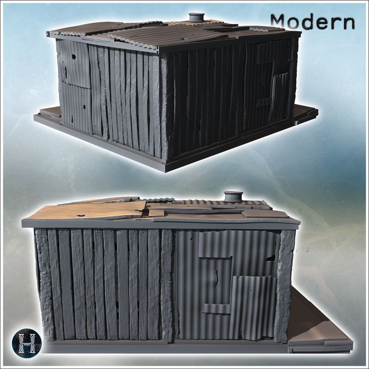 3D Printable Small metallic shack with corrugated walls, exposed beams ...