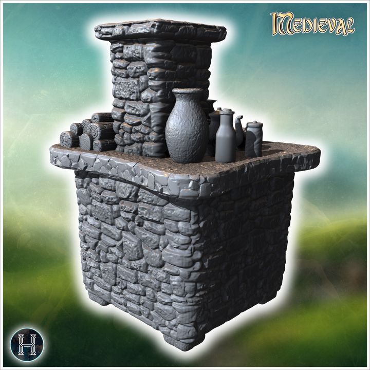 3D Printable Stone fireplace structure with ceramic pots, stacked logs ...