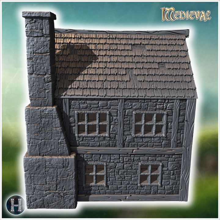 3D Printable Two-story medieval house with wooden beams, stone walls ...