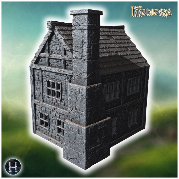 3D Printable Two-story medieval house with wooden beams, stone walls ...