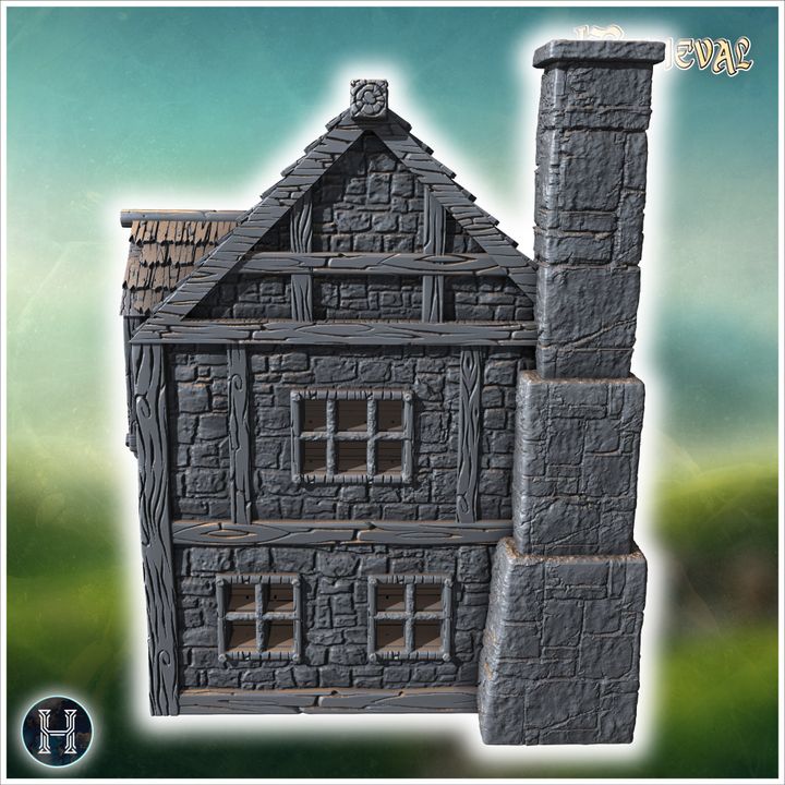 3D Printable Two-story medieval house with wooden beams, stone walls ...