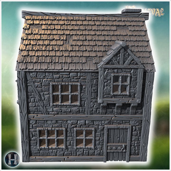 3D Printable Two-story medieval house with wooden beams, stone walls ...