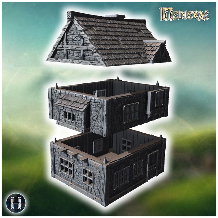 3D Printable Two-story medieval house with wooden beams, stone walls ...