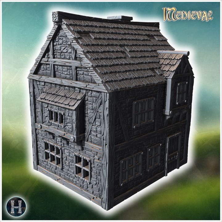 3D Printable Two-story medieval house with wooden beams, stone walls ...