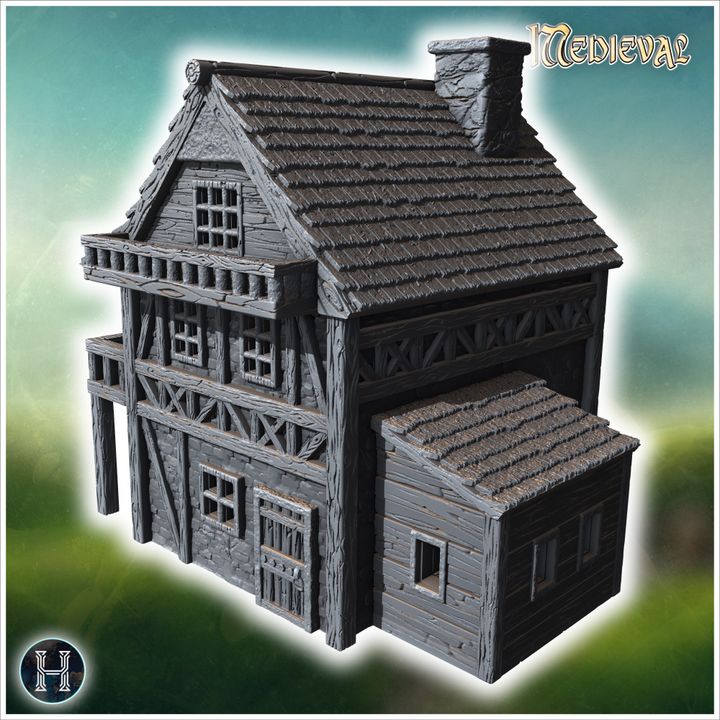 3D Printable Half-timbered medieval house with a large balcony, stone ...