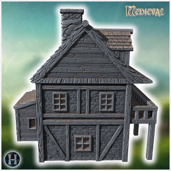 3D Printable Half-timbered medieval house with a large balcony, stone ...