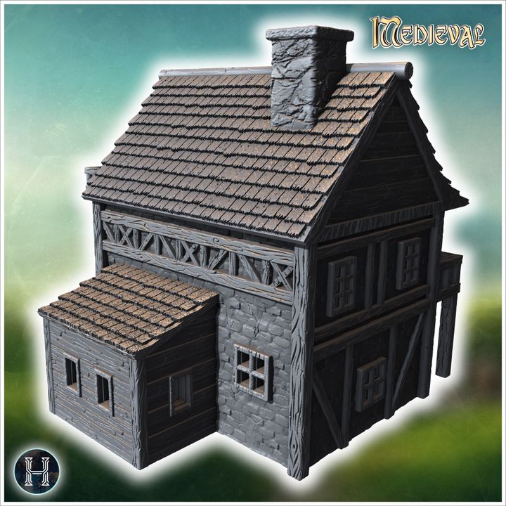 3D Printable Half-timbered medieval house with a large balcony, stone ...