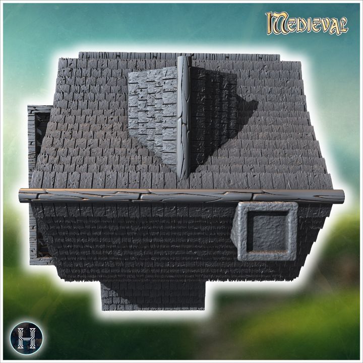 3D Printable Half-timbered medieval house with a large balcony, stone ...