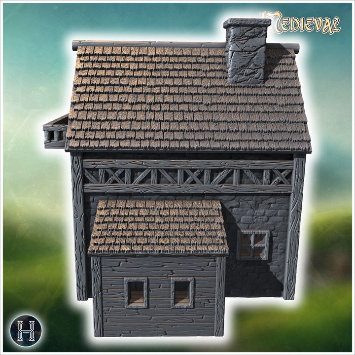 3D Printable Half-timbered medieval house with a large balcony, stone ...