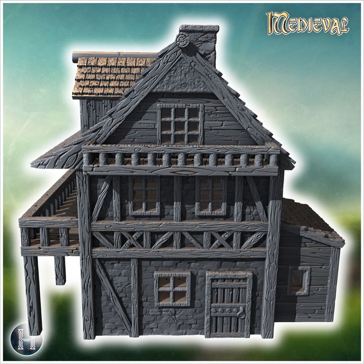 3D Printable Half-timbered medieval house with a large balcony, stone ...