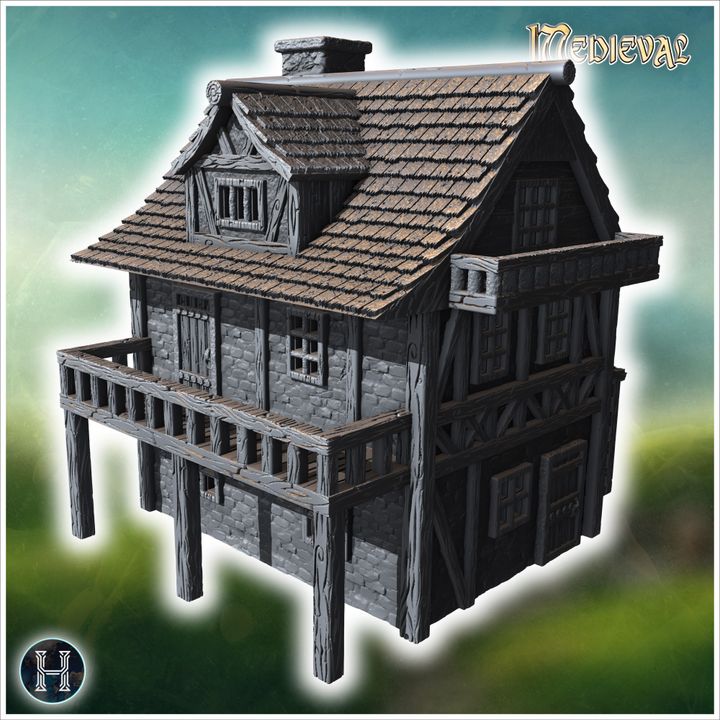 3D Printable Half-timbered medieval house with a large balcony, stone ...