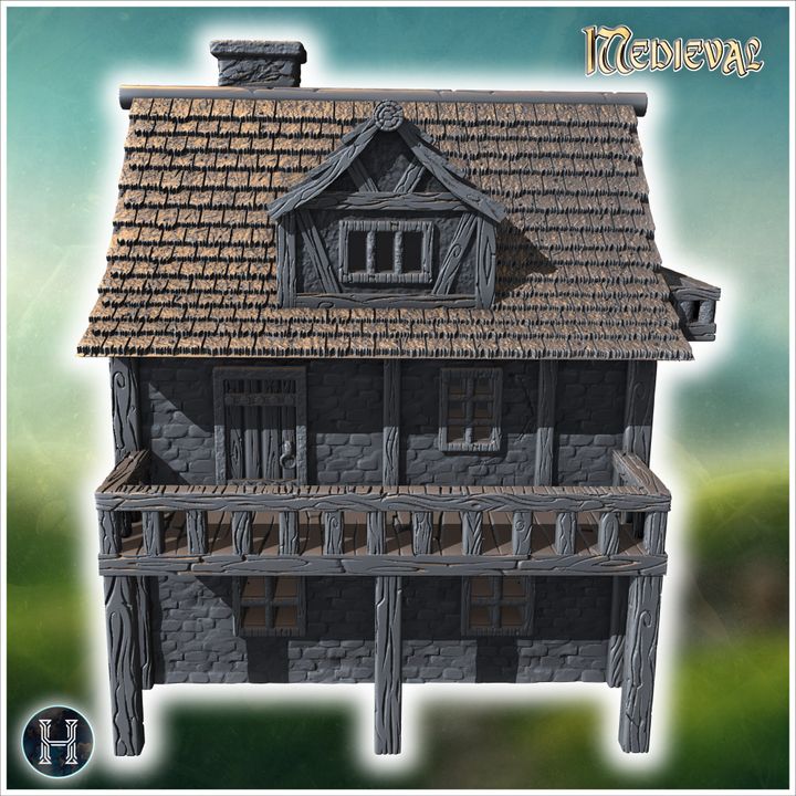 3D Printable Half-timbered medieval house with a large balcony, stone ...