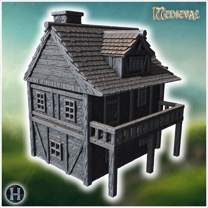3D Printable Half-timbered medieval house with a large balcony, stone ...