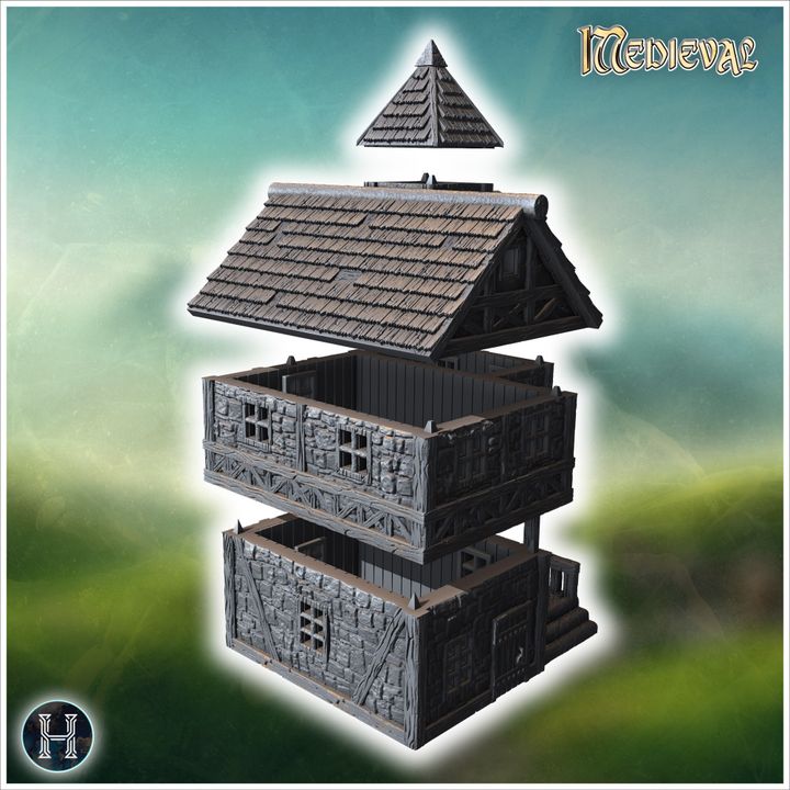 3D Printable Large medieval building with a tower, stone walls, and ...