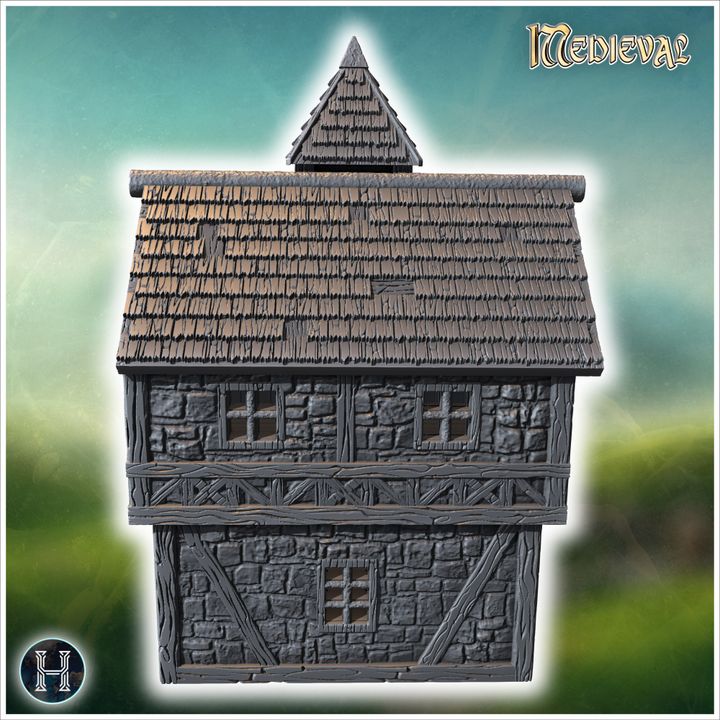 3D Printable Large medieval building with a tower, stone walls, and ...