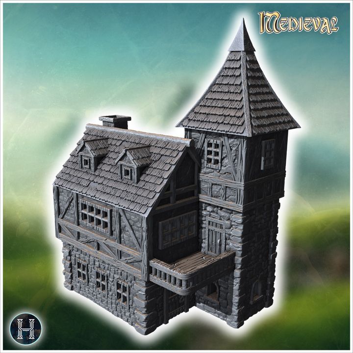 3D Printable Towered medieval building with a wooden balcony, stone ...