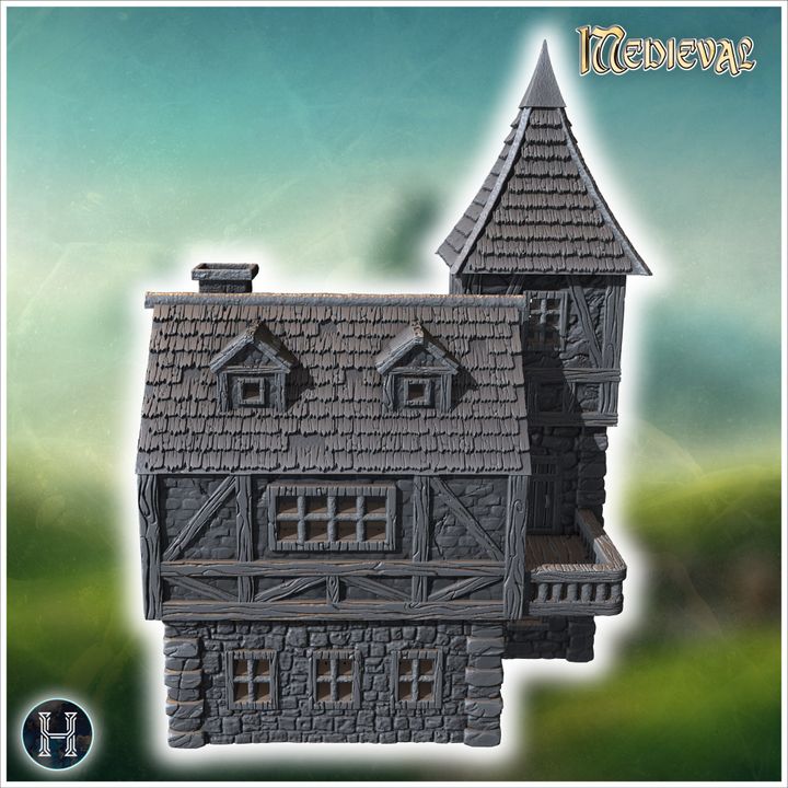 3D Printable Towered medieval building with a wooden balcony, stone ...