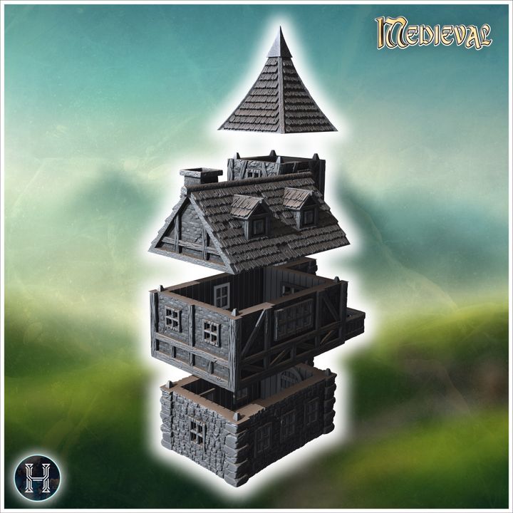 3D Printable Towered medieval building with a wooden balcony, stone ...
