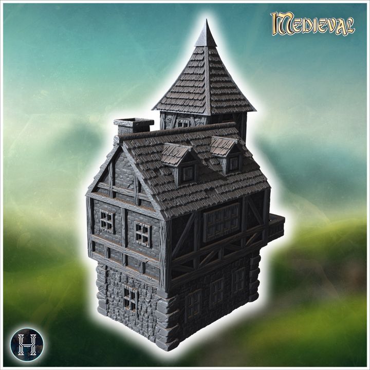 3D Printable Towered medieval building with a wooden balcony, stone ...