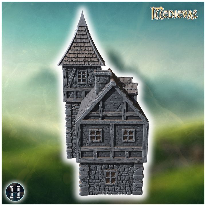 3D Printable Towered medieval building with a wooden balcony, stone ...
