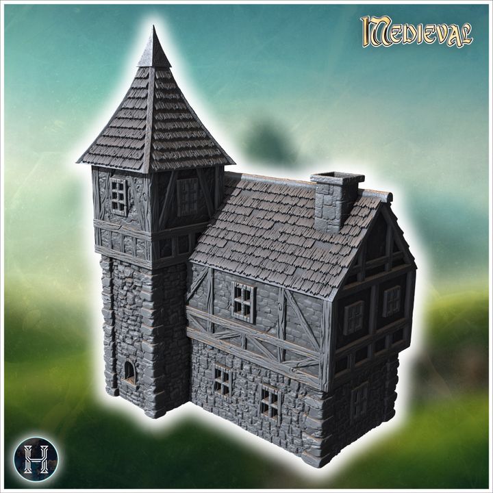 3D Printable Towered medieval building with a wooden balcony, stone ...