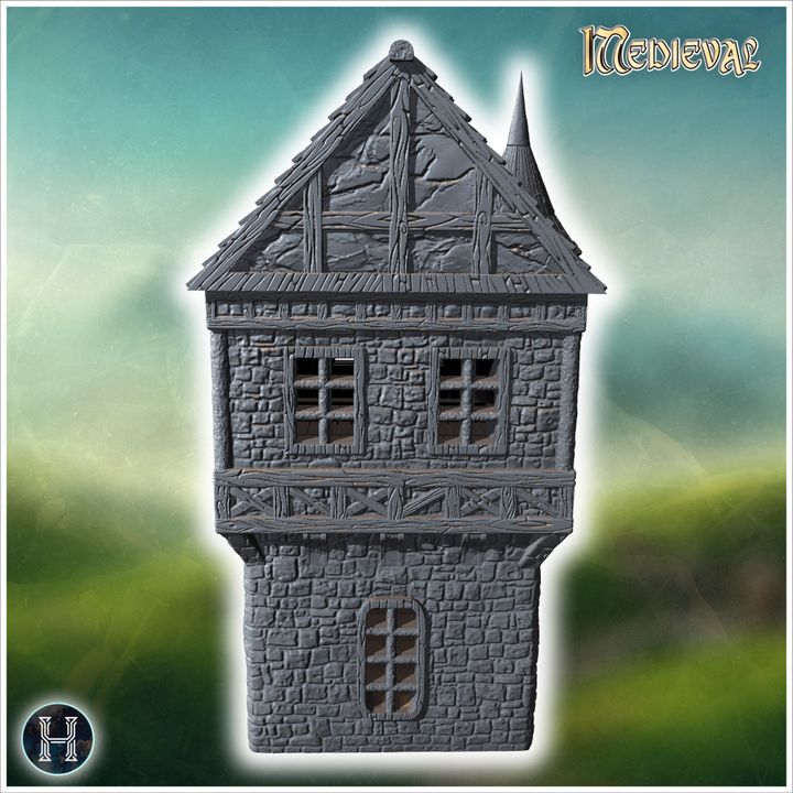 3D Printable Tall medieval building with a turret, stone walls, and a ...