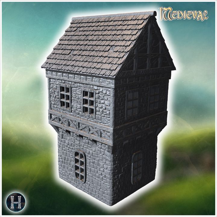 3D Printable Tall medieval building with a turret, stone walls, and a ...